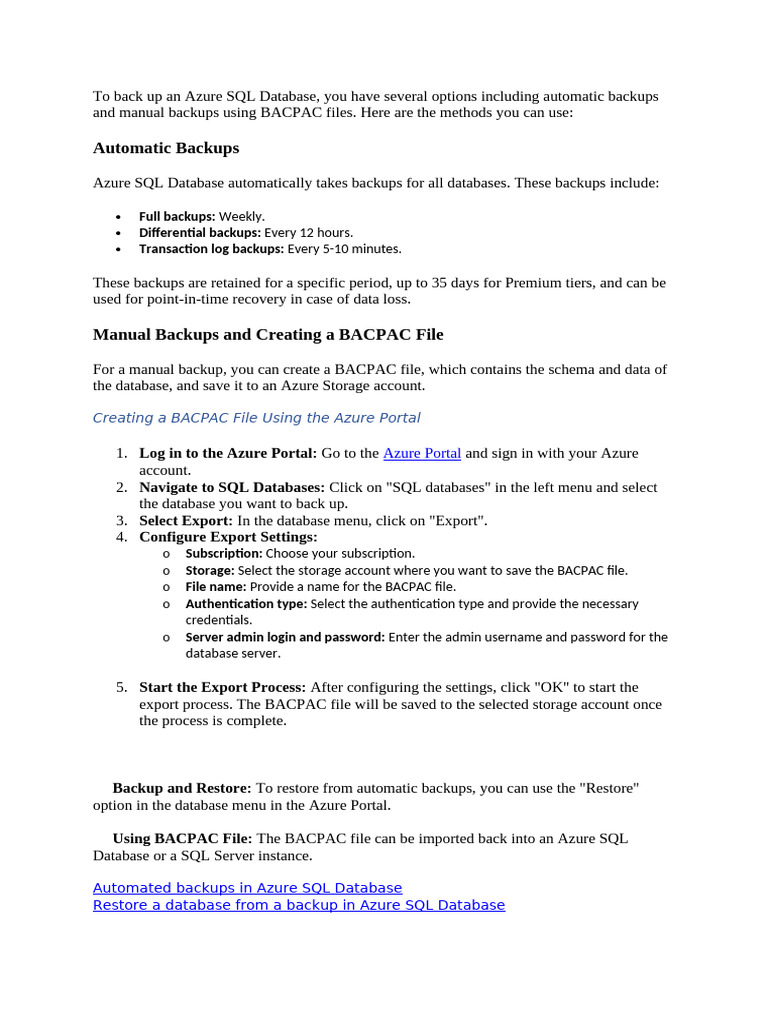 Azure DB Backup and Restore Process | PDF