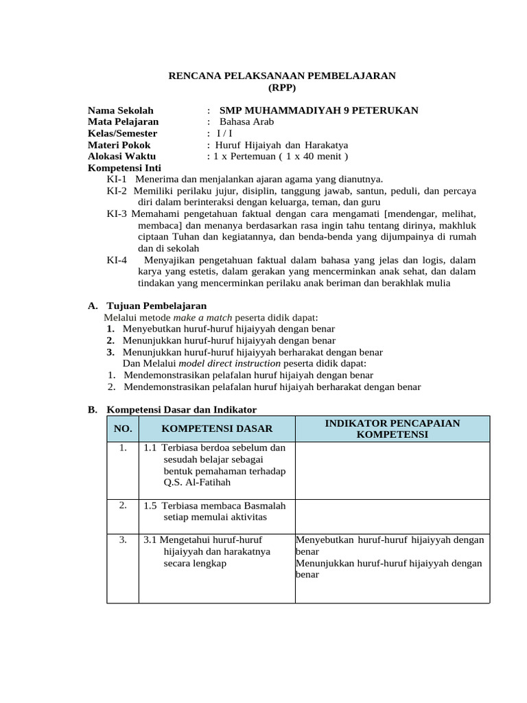 RPP Bahasa Arab Kelas 7 | PDF
