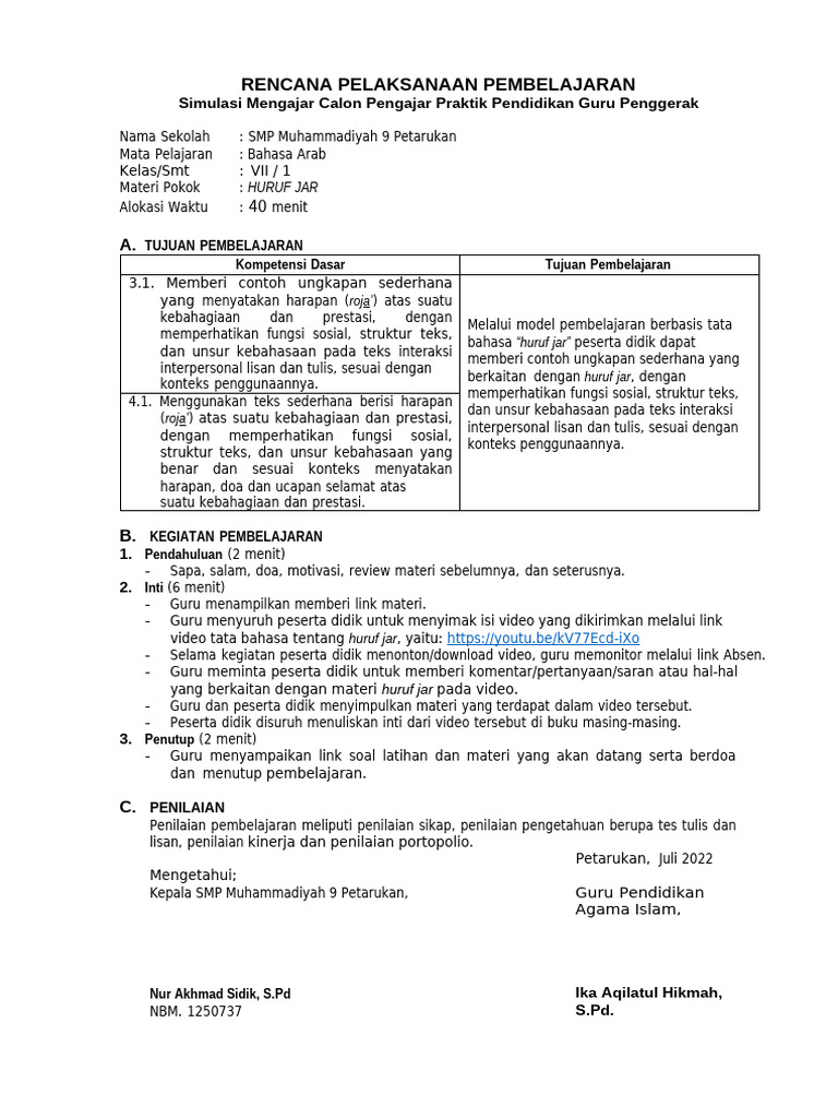 RPP Bahasa Arab Kelas 8 | PDF