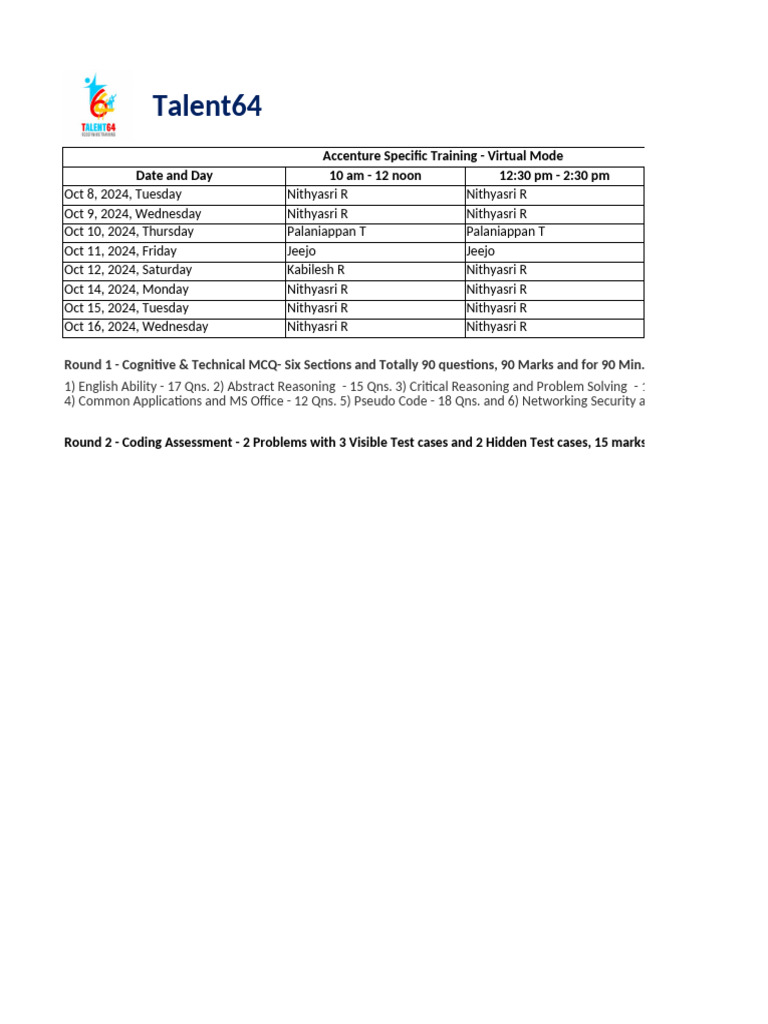 Talent64-Accenture Training-8 Days-From Oct 8 2024-Schedule | PDF
