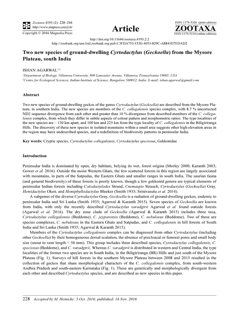 Agarwal Et Al. 2016b Two New Species of Ground-Dwelling Cyrtodactylu From The Mysore Plateau ...