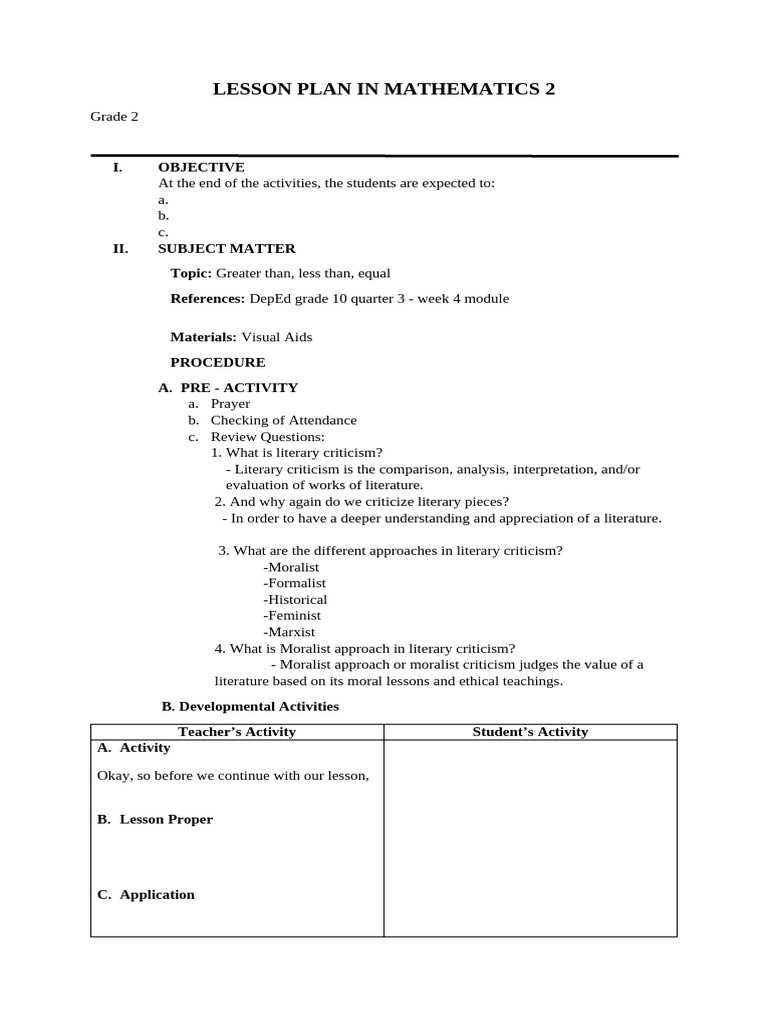 Lesson Plan in Mathematics 2 | PDF