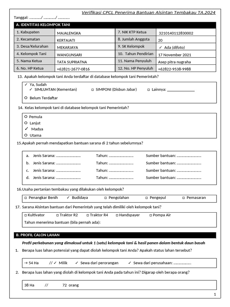 Kuesioner Verifikasi CPCL Alsintan Tembakau | PDF