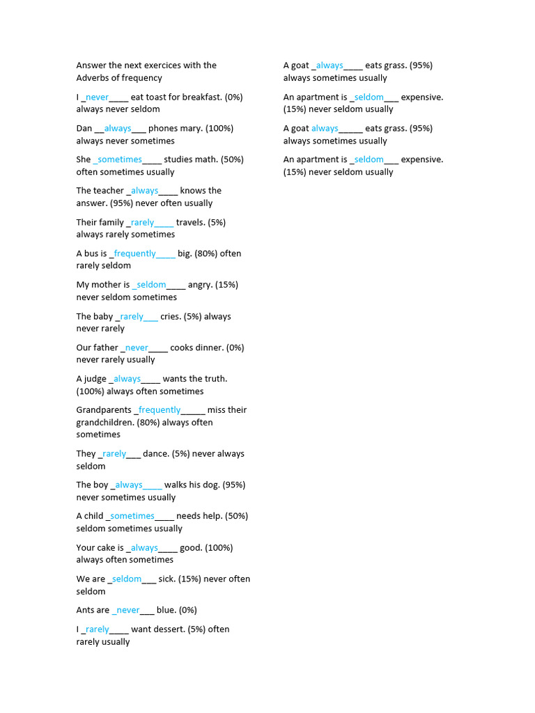 Answer the next exercices with the Adverbs of frequency | PDF
