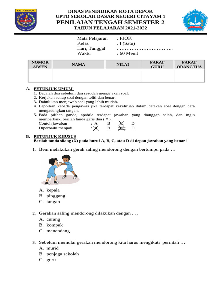 Soal PTS 2 Pjok - Kelas 1-1 | PDF