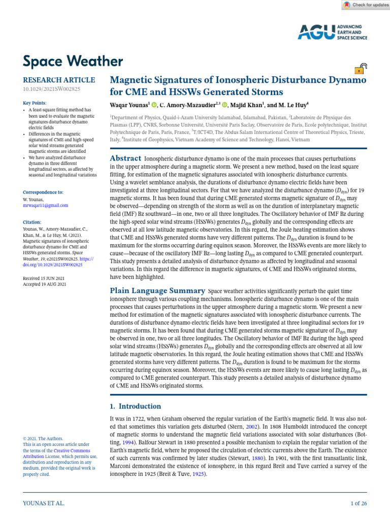 Space Weather - 2021 - Younas - Magnetic Signatures of Ionospheric ...