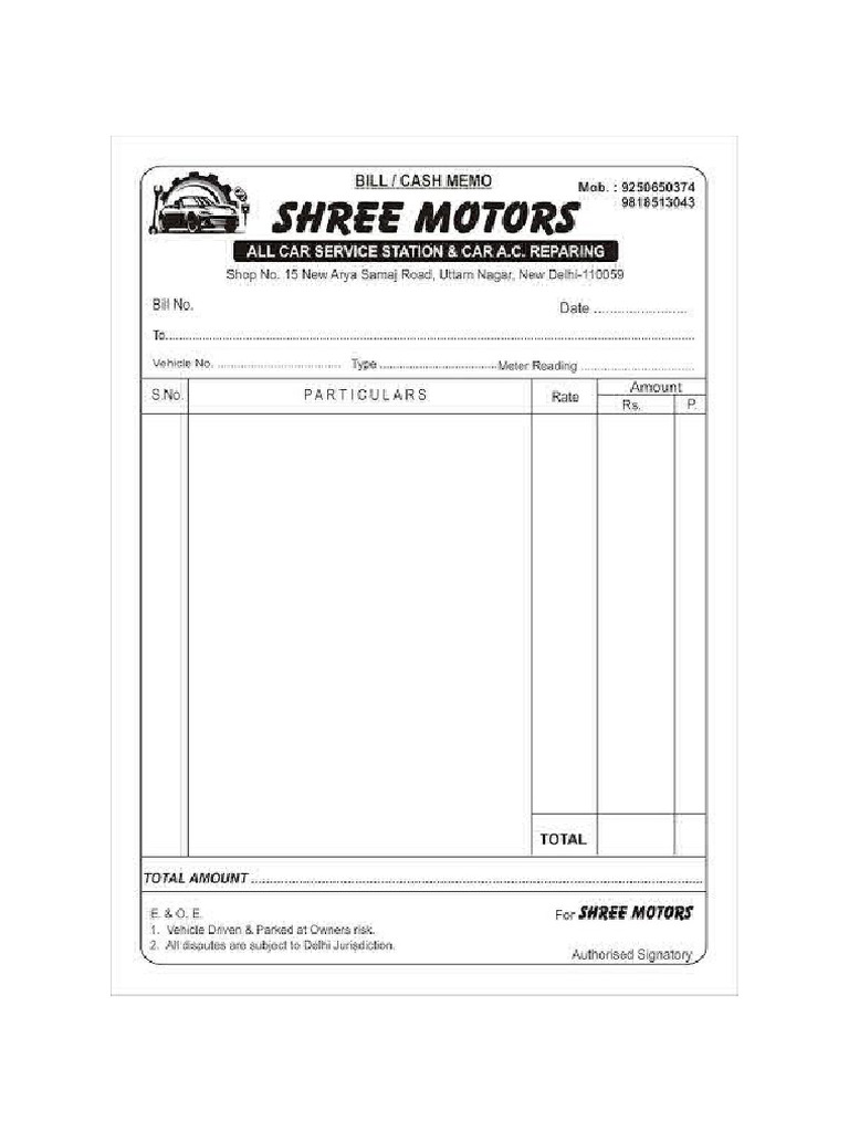 Shree Motors Bill Book Design - JPG | PDF