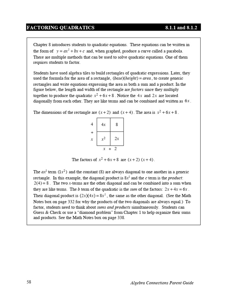 Algebra Connections Chapter 8 Parent Guide | PDF