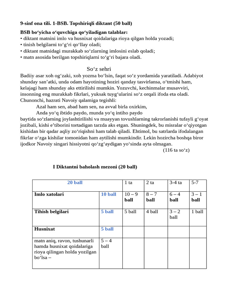 9 Sinf Ona Tili BSB 1 | PDF
