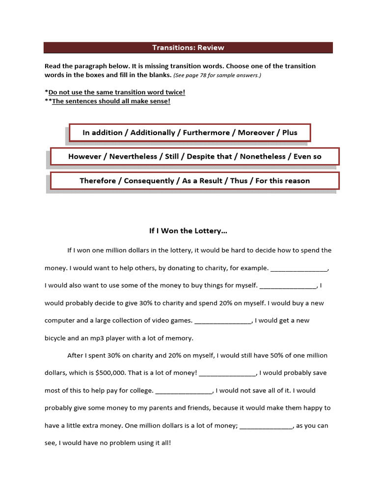 Transitions Word Worksheet | PDF
