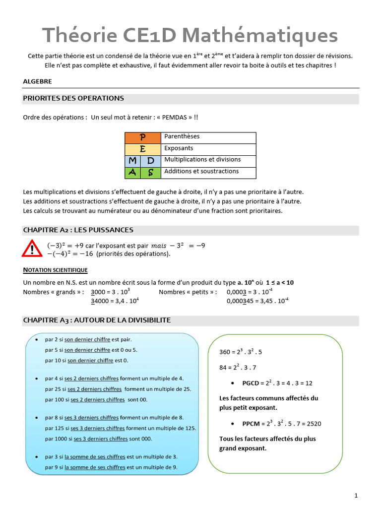 Theorie Ce1d Mathematiques 7379 Mme Nicolas | PDF