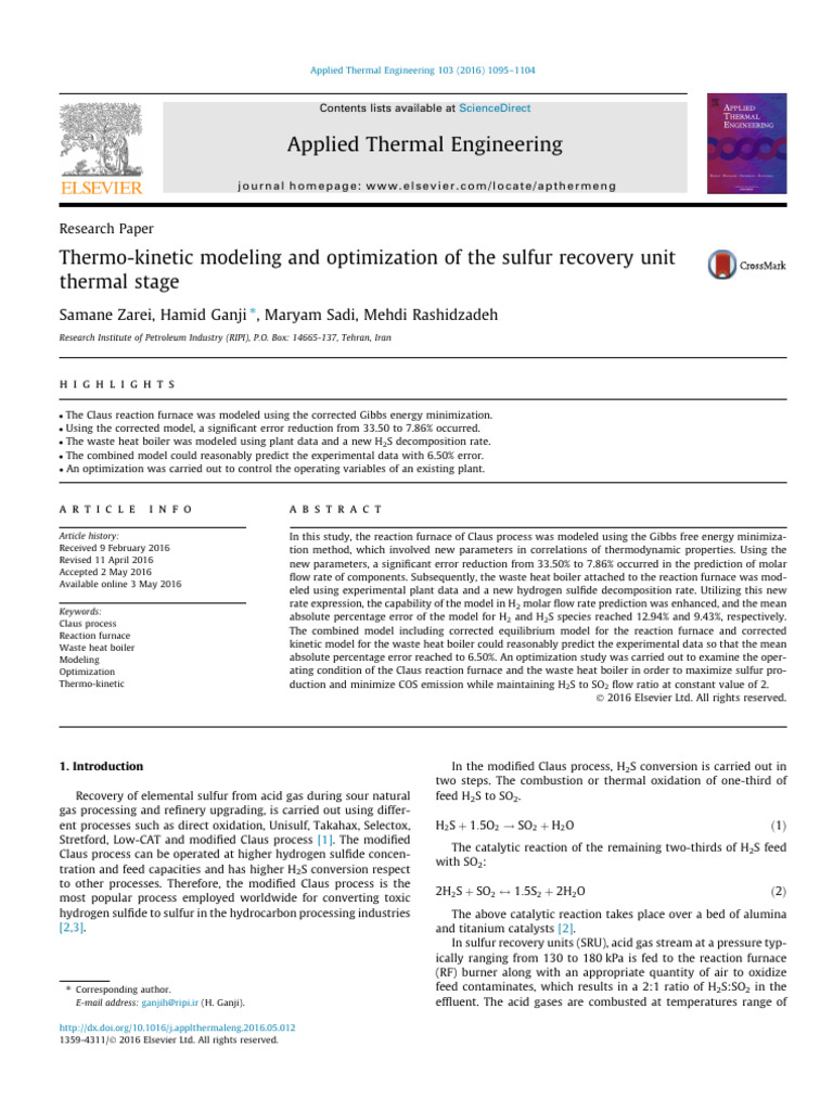Thermo Kinetic Modeling and Optimization of The Sulfu 2016 Applied Thermal E | PDF