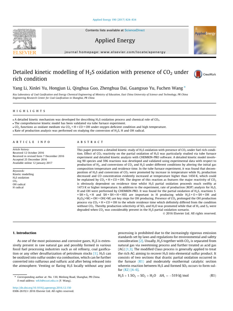 Detailed Kinetic Modelling of H2S Oxidation With Presence of 2017 ...