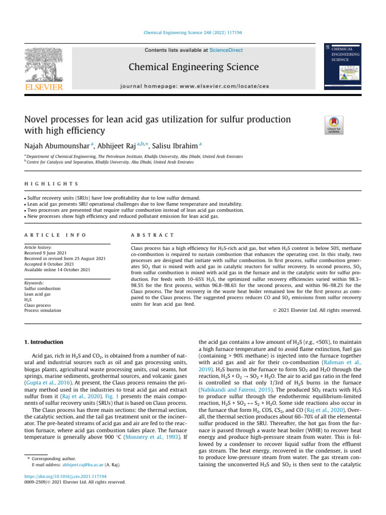 Novel Processes for Lean Acid Gas Utilization for Sulf 2022 Chemical ... Novel Processes for Lean Acid Gas Utilization for Sulf 2022 Chemical ...