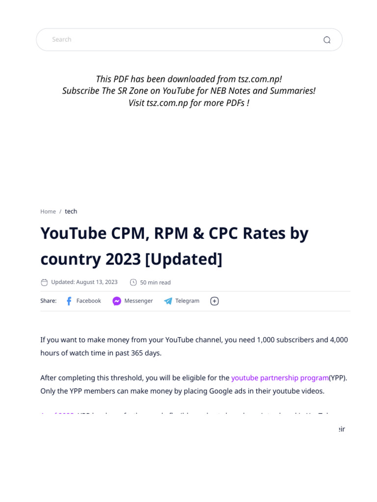 YouTube CPM, RPM & CPC Rates by Country 2023 (Updated) - The SR Zone | PDF