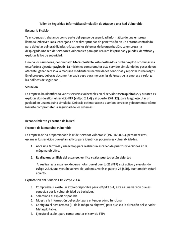 Taller de Seguridad Informática VSFTPD Exploit | PDF
