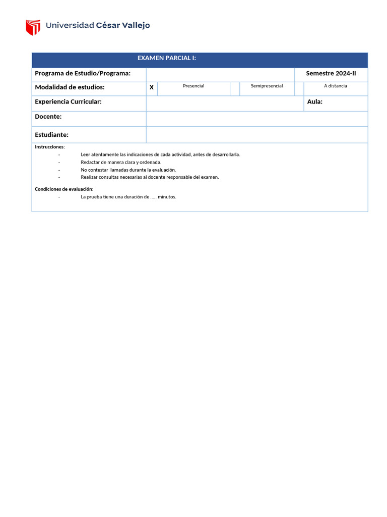 Modelo Formato Examen Parcial I | PDF