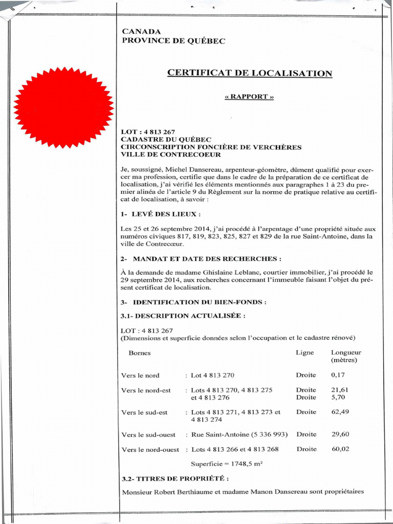817 829 Rue ST Antoine Certificat de Localisation 7 NoCentris 17467683 | PDF