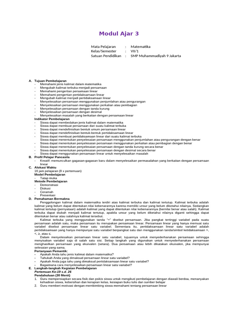 Modul Ajar Sistem Persamaan Linear Satu Variabel | PDF