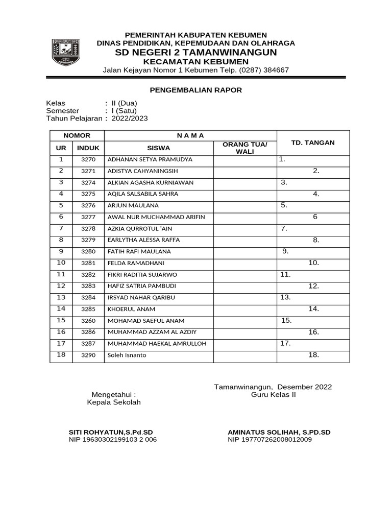 Daftar Pengambilan Rapot | PDF