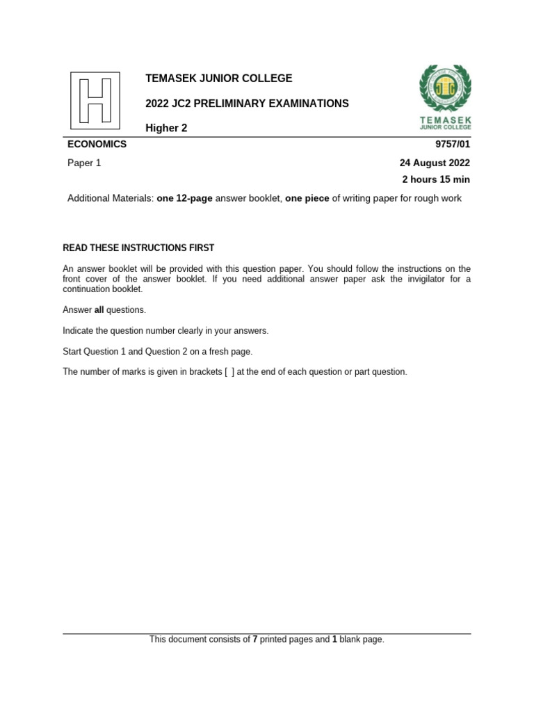 2022 TJC H2 Prelim Paper 1 Question Paper | PDF | Economic Growth ...