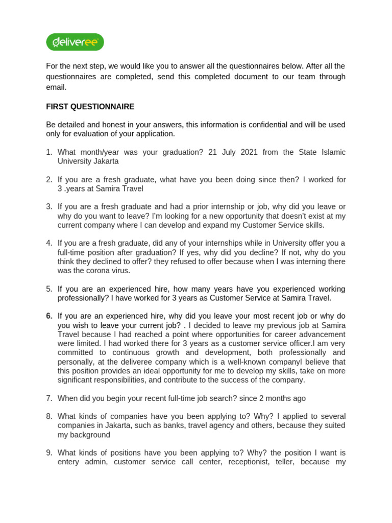 (Please Download) Deliveree Questionnaires | PDF