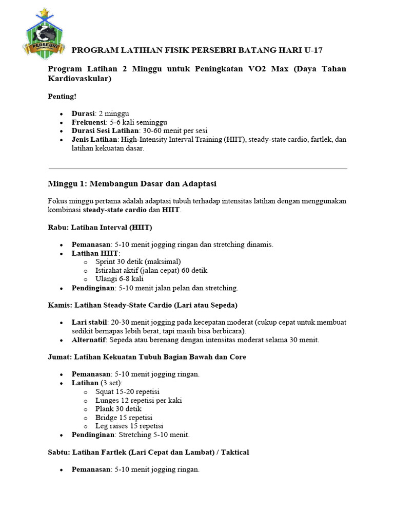 Program Latihan Fisik Persebri Batang Hari | PDF