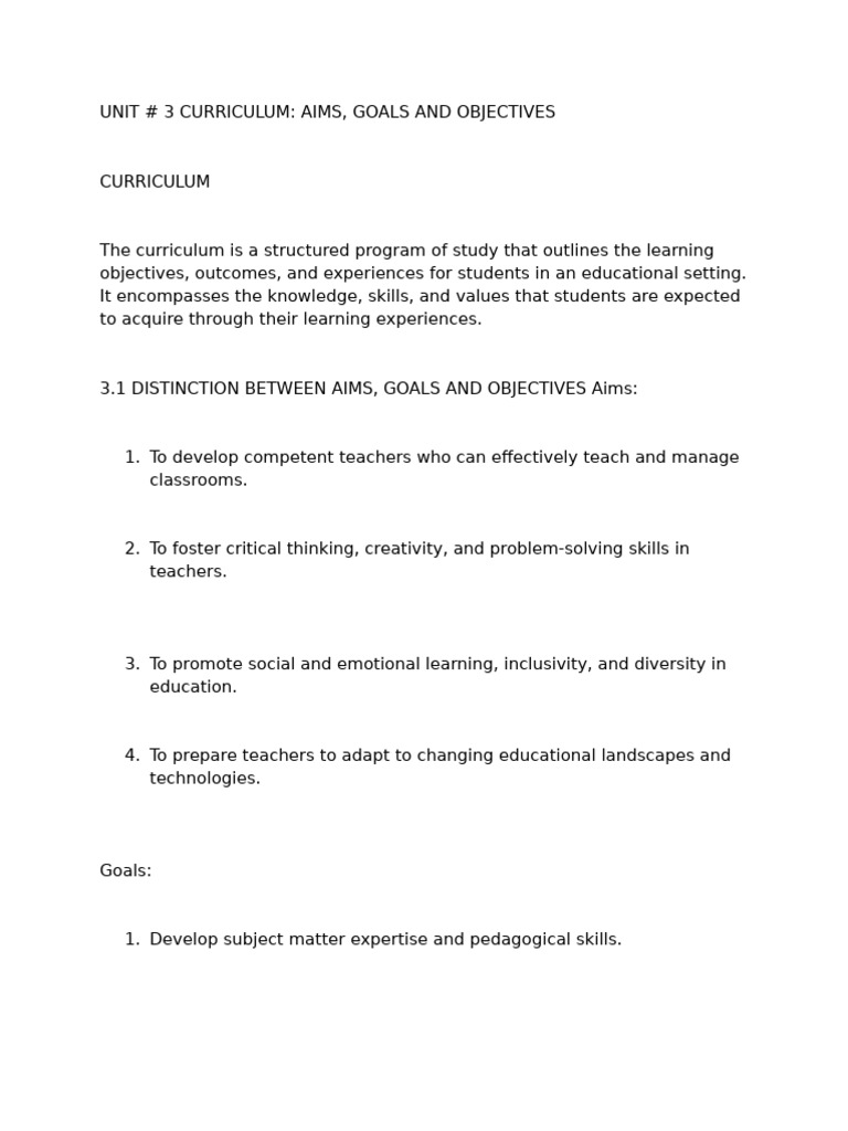 Curriculum Aims, Goals and Objectives | PDF