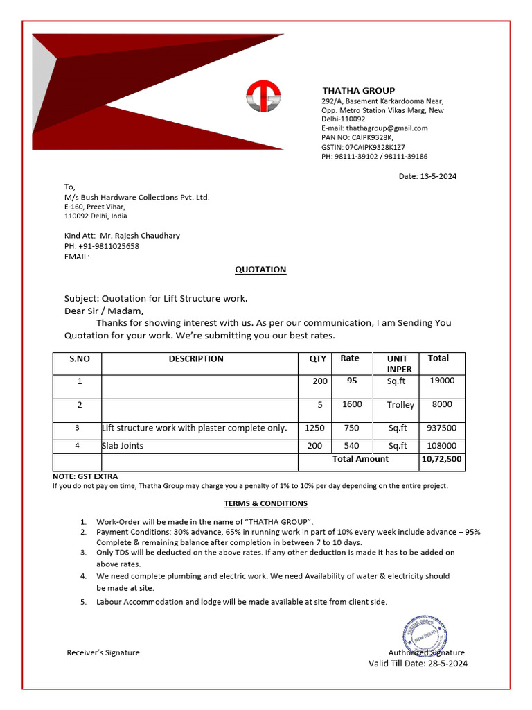 Quotation for Lift Structure Work | PDF