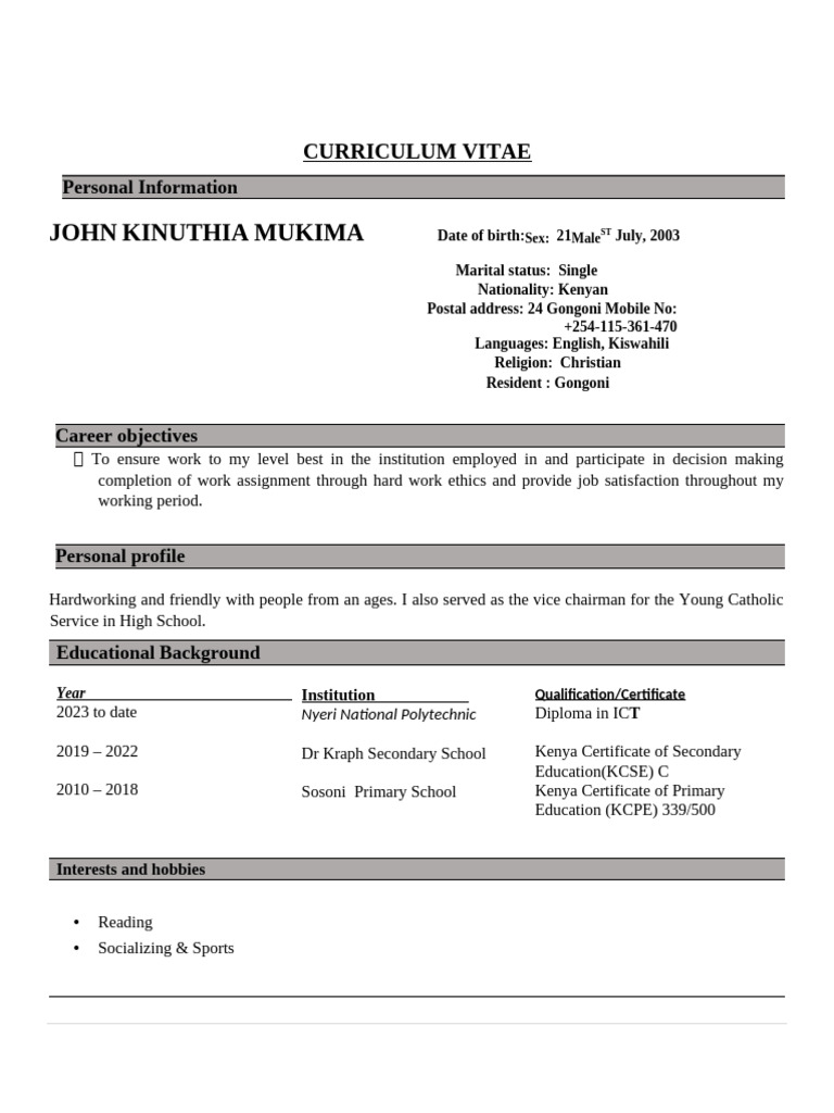 Curriculum Vitae John Kinuthia Mukima | PDF