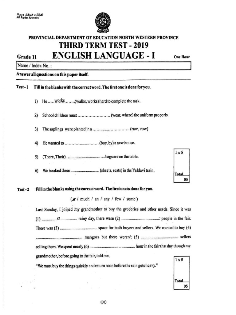 English - Grade 11 - Third Term Test 2019 - North Western Province | PDF