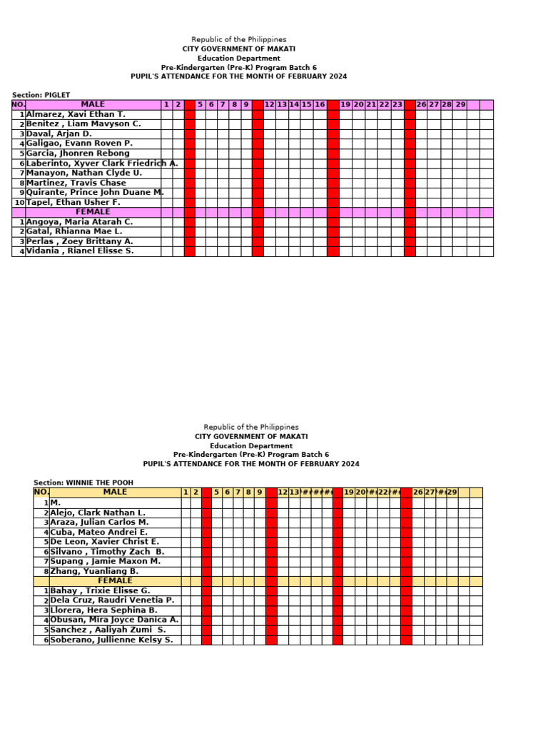 Pre k Batch 6 Attendance | PDF