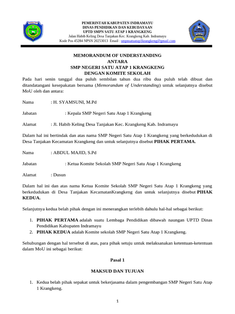 MOU SEKOLAH DENGAN KOMITE SEKOLAH | PDF