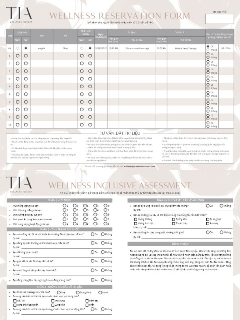 Tia - Wellness Reservation & Assessment Form - Fillable (VN) | PDF