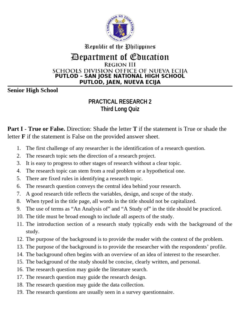 Practical Research 2 Third Quiz SY 2024 2025 | PDF