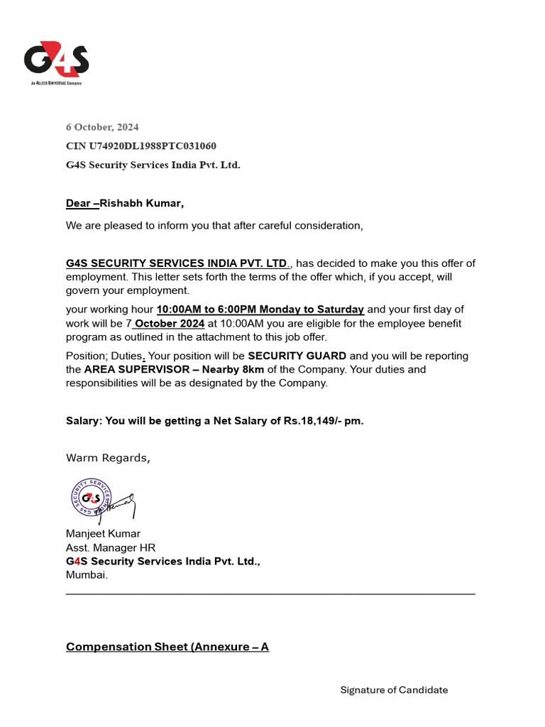 G4S OFFER LETTER | PDF