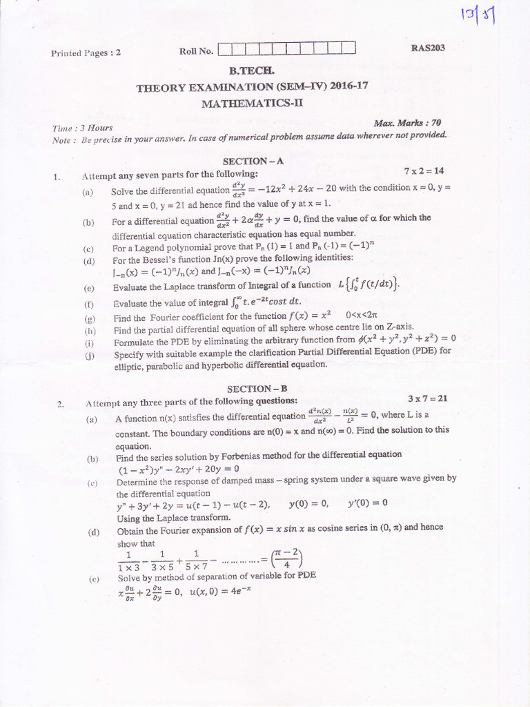 Mathematics -II Ras-203 With Correction | PDF