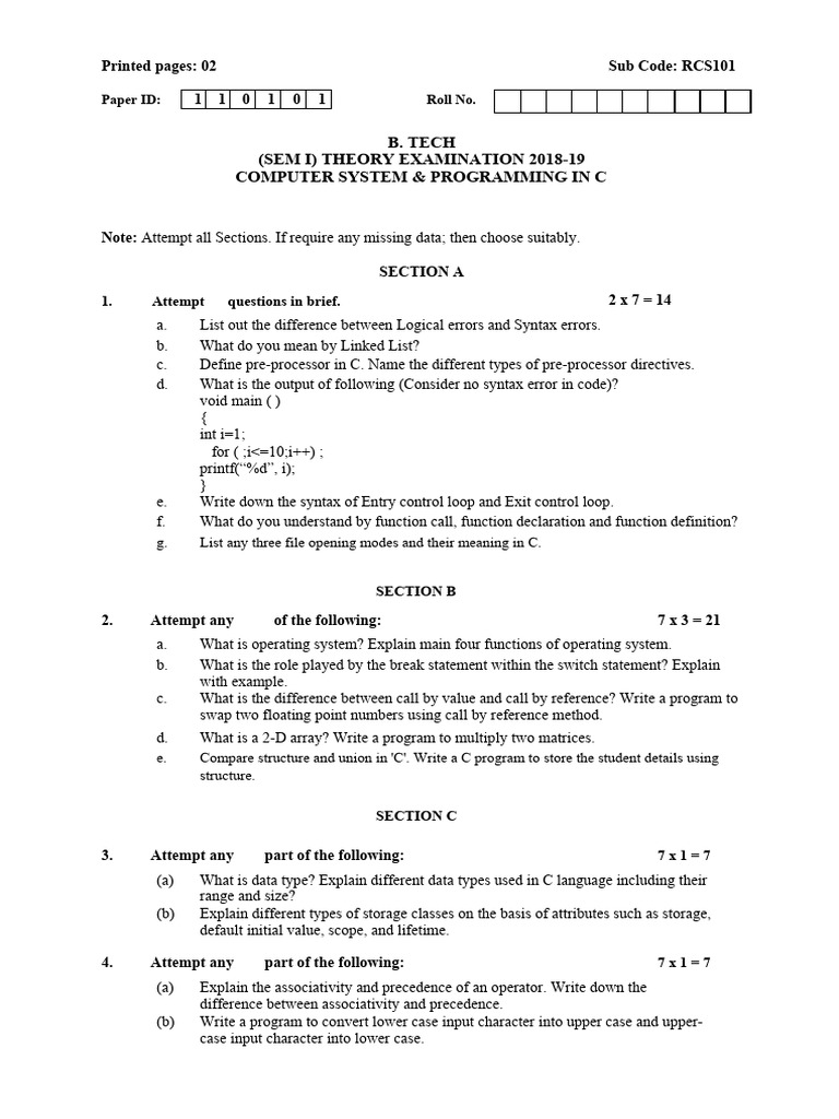 Comuter System & Programming in C RCS-101 | PDF