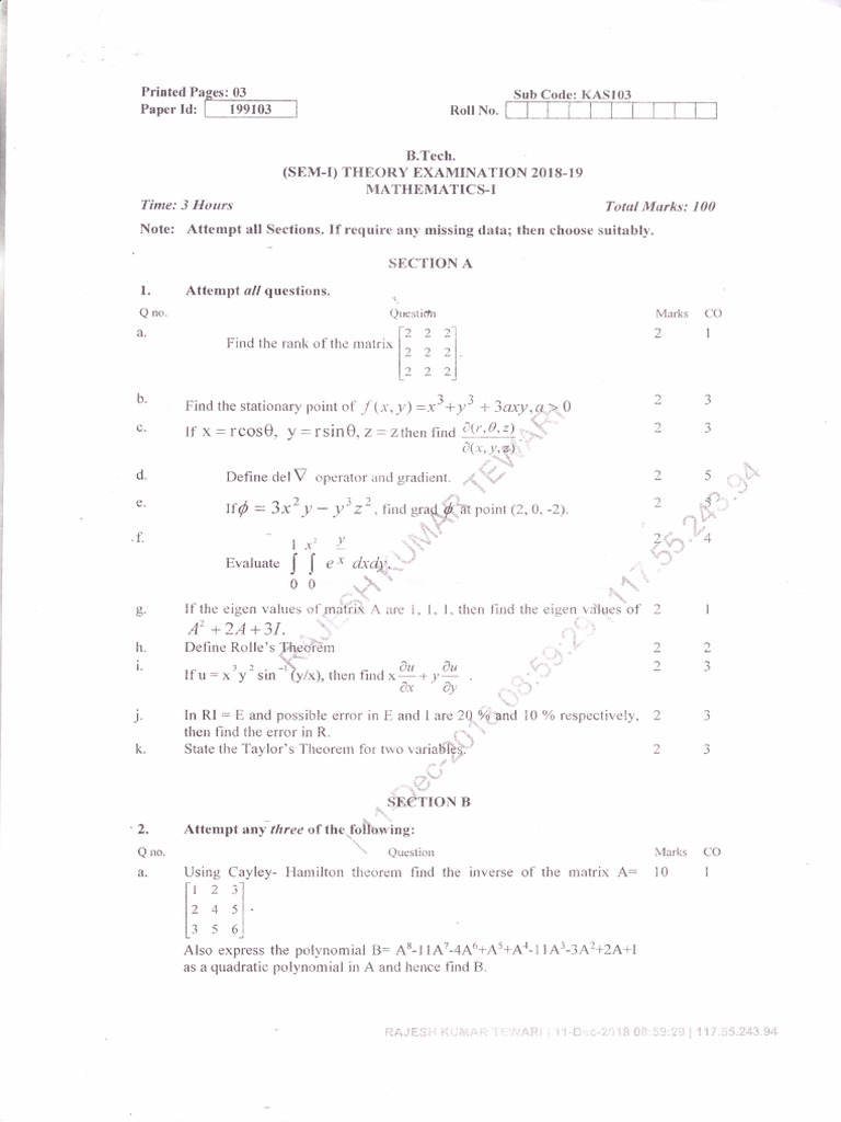 Mathematics I - KAS 103 | PDF