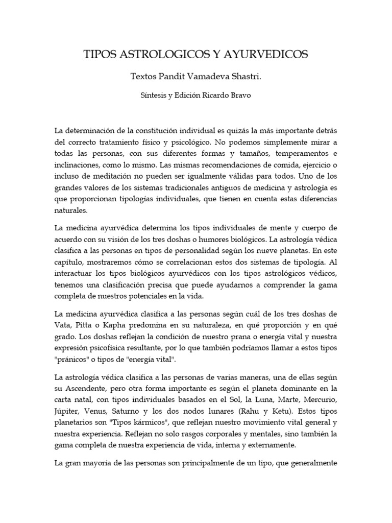 Tipos Astrologicos Y Ayurvedicos: Textos Pandit Vamadeva Shastri | PDF