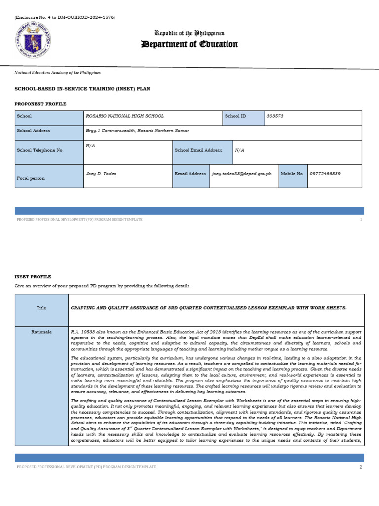 INSET Plan of Rosario NHS | PDF | Learning | Critical Thinking