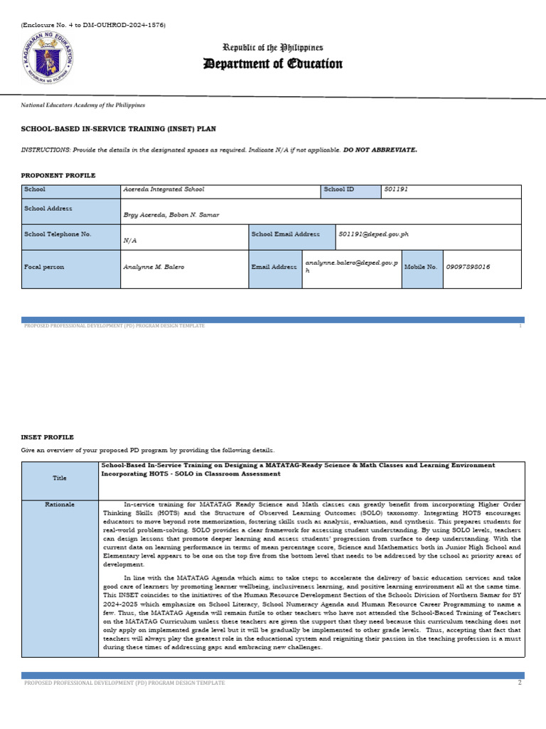 ANALYNNE BALERO - ACEREDA - IS - School Based INSET Plan | PDF ...