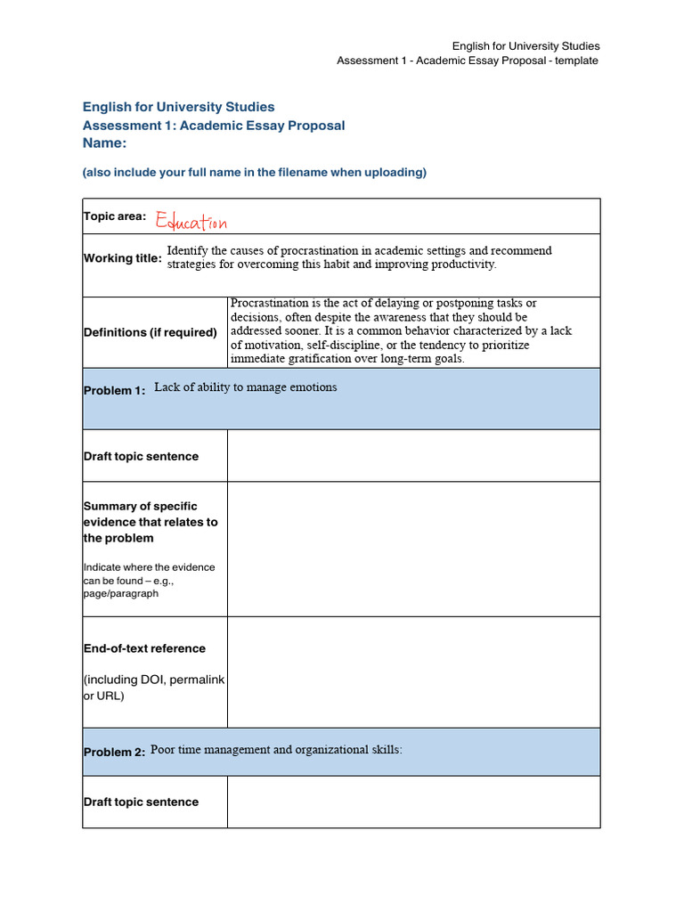 Assessment 1 - Academic Essay Proposal Template 2 | PDF