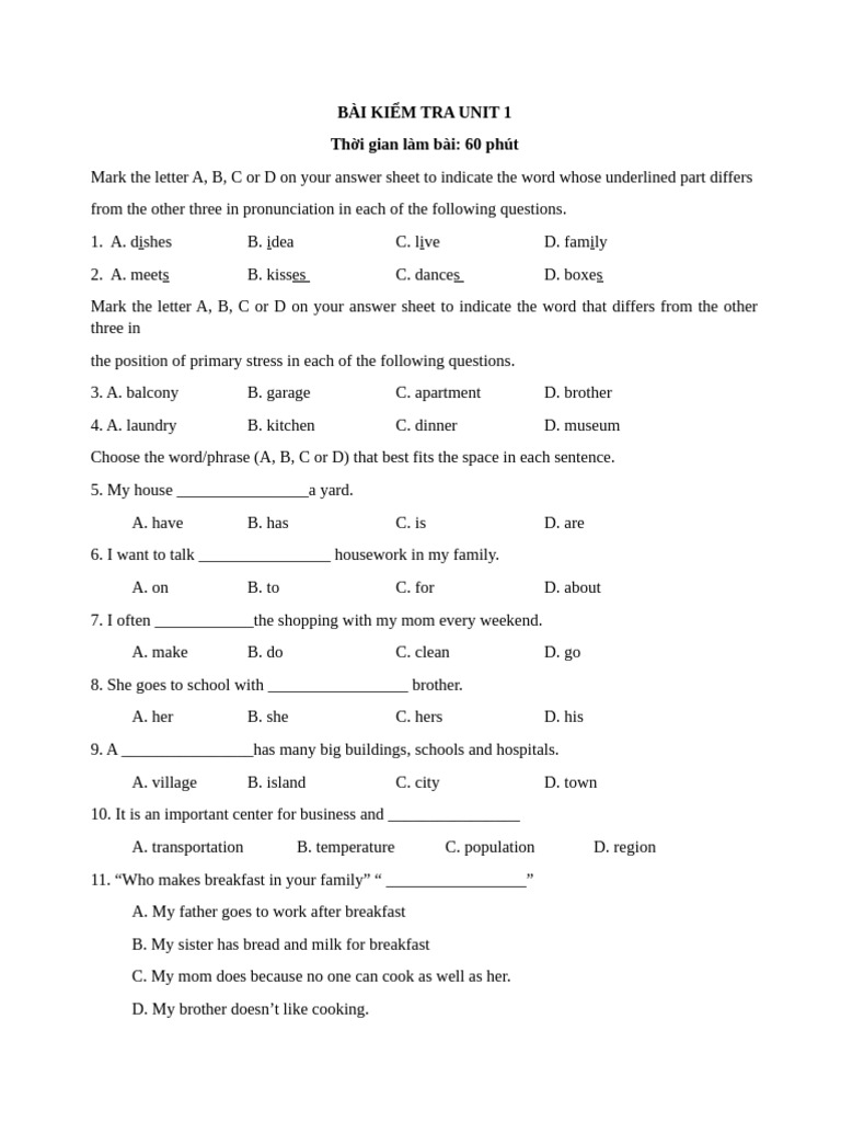 Kiểm tra unit 1 | PDF