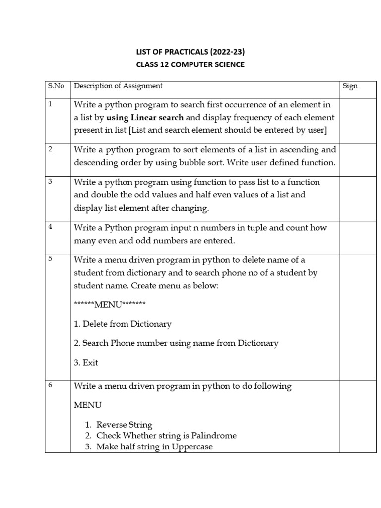 List of Practicals Xii CS | PDF