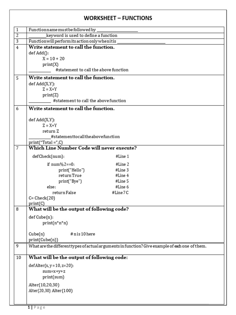 Function Worksheet | PDF