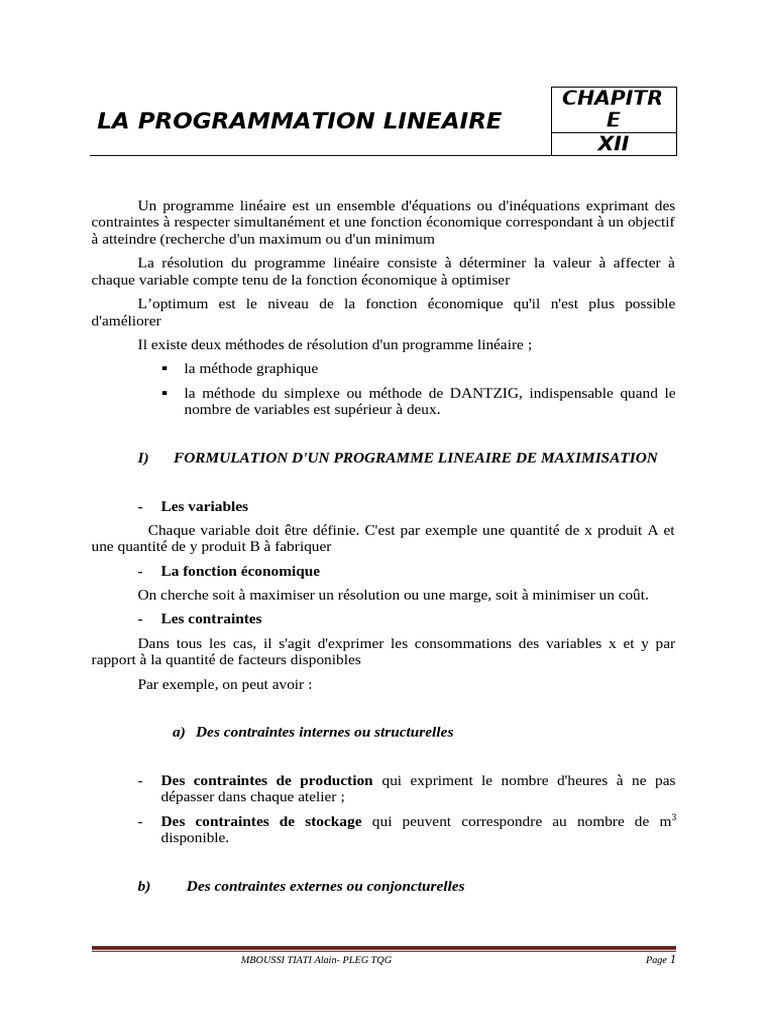 Chap. La Programmation Lineaire | PDF