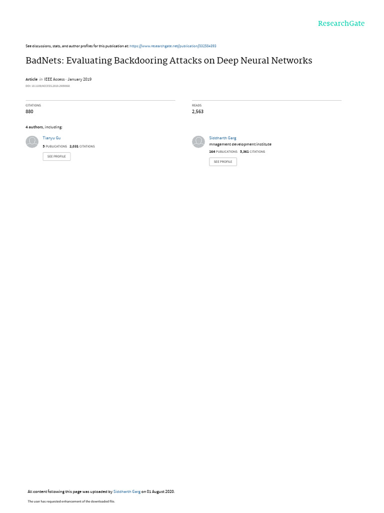 BadNets Evaluating Backdooring Attacks On Deep Neu | PDF | Deep Learning | Artificial Neural Network