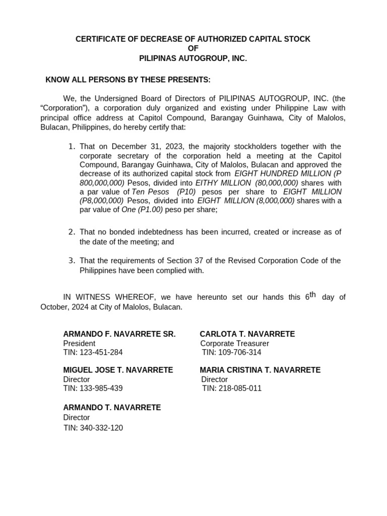 Certificate of Decrease of Capital Stock Pilipinas Autogroup | PDF