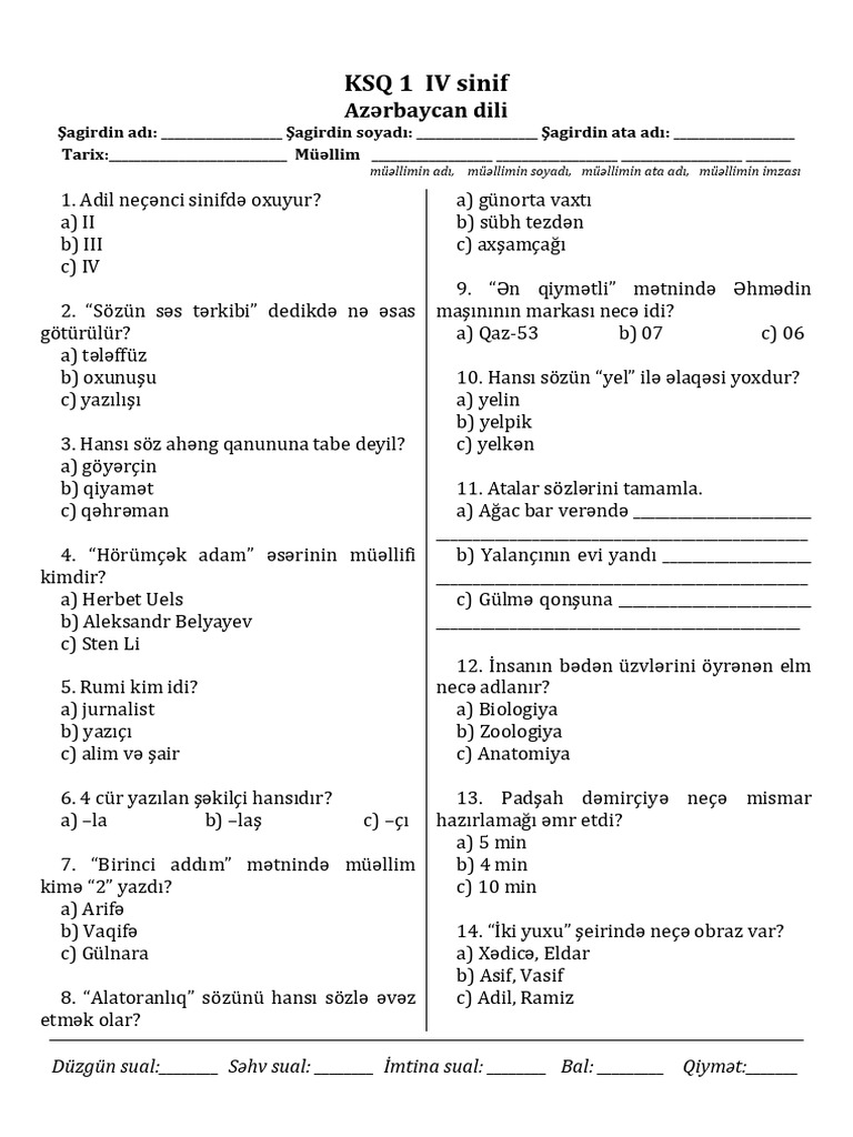 4 Sinif Az Dili KSQ BSQ | PDF